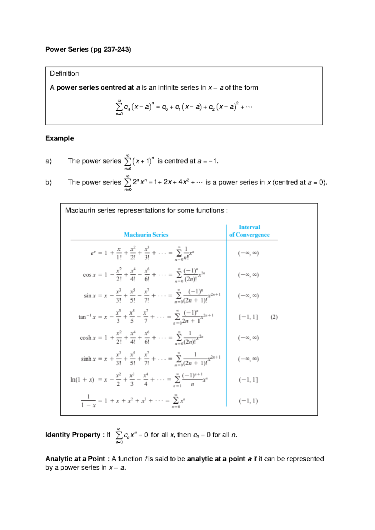 1.1 Power Series - LECTURE NOTES MATH METHOD - Power Series (pg 237 ...