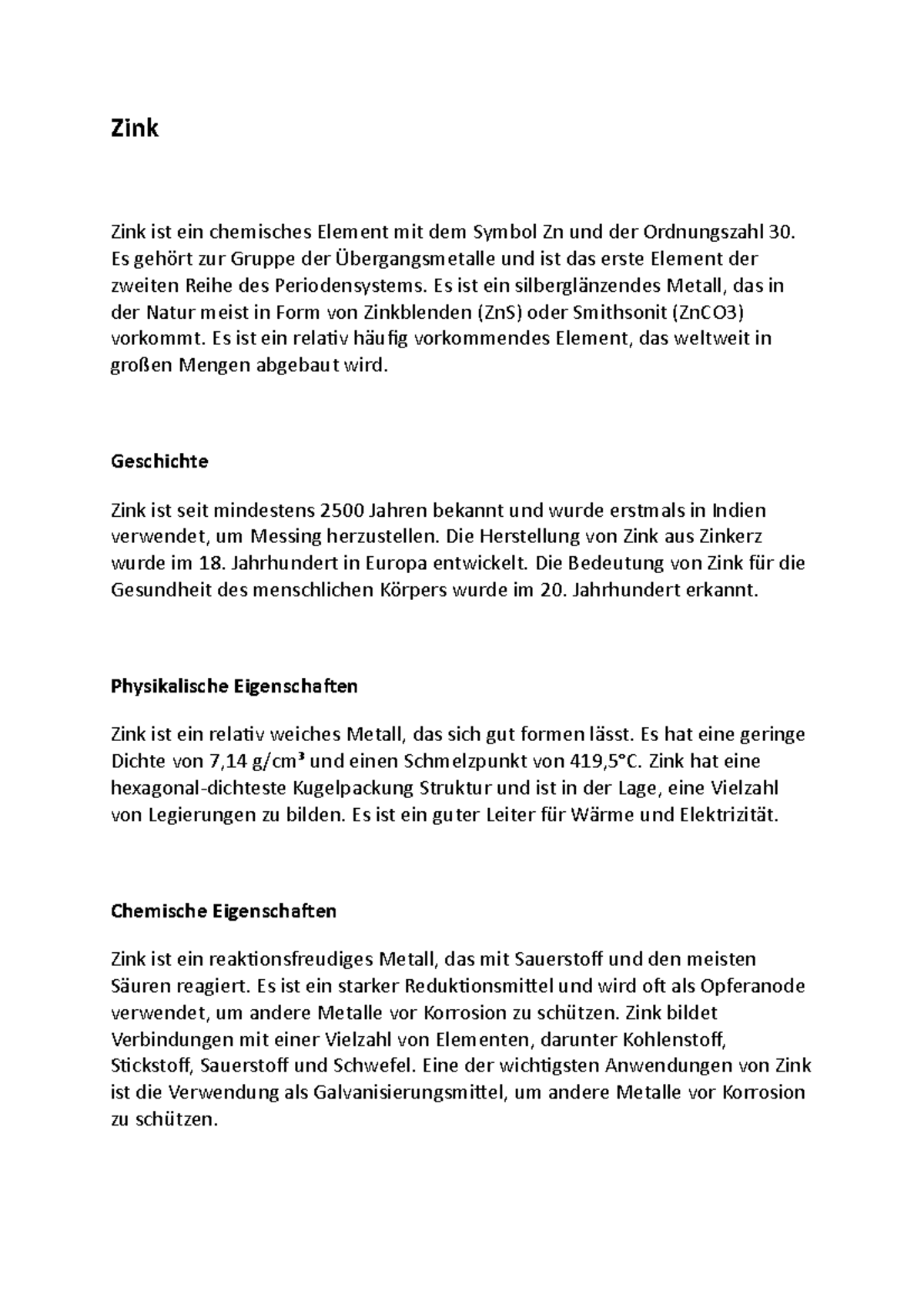 Zink - Chemie Wintersemester - Zink Zink ist ein chemisches Element mit ...