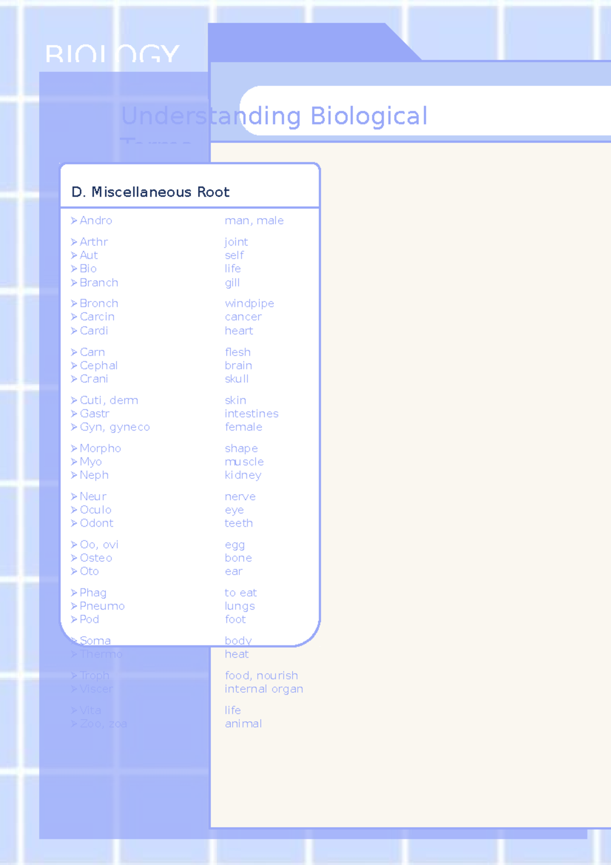 Biological Terms - BIOLOGY Andro man, male Arthr joint Aut self Bio ...