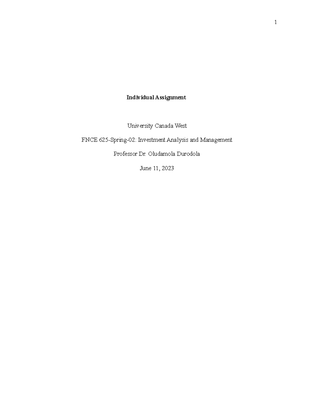 FNCE 625 Individual Assigment copy - Individual Assignment University ...