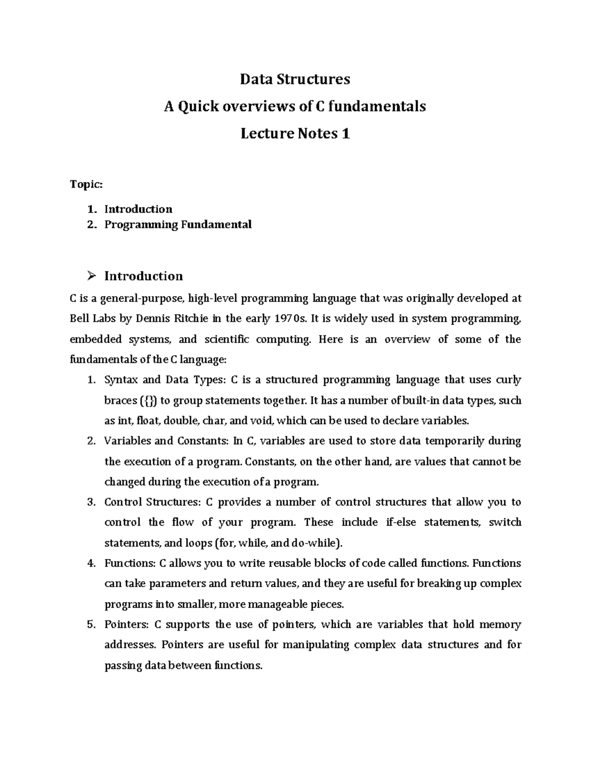 Data Structures Overviews Of C Fundamentals Data Structures A Quick Overviews Of C