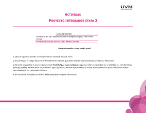 proyecto integrador etapa 2 - ACTIVIDAD PROYECTO INTEGRADOR ETAPA 2 Fecha:13/11/ Nombre de las y ...