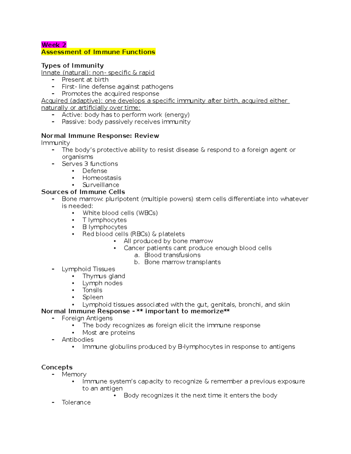 Assessment Of Immune Functions Week 2 Assessment Of Immune Functions