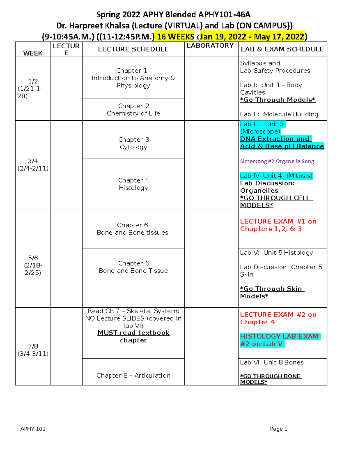 APHY 101 Blended 46A - Anatomy 1 notes - Spring 2022 APHY Blended ...