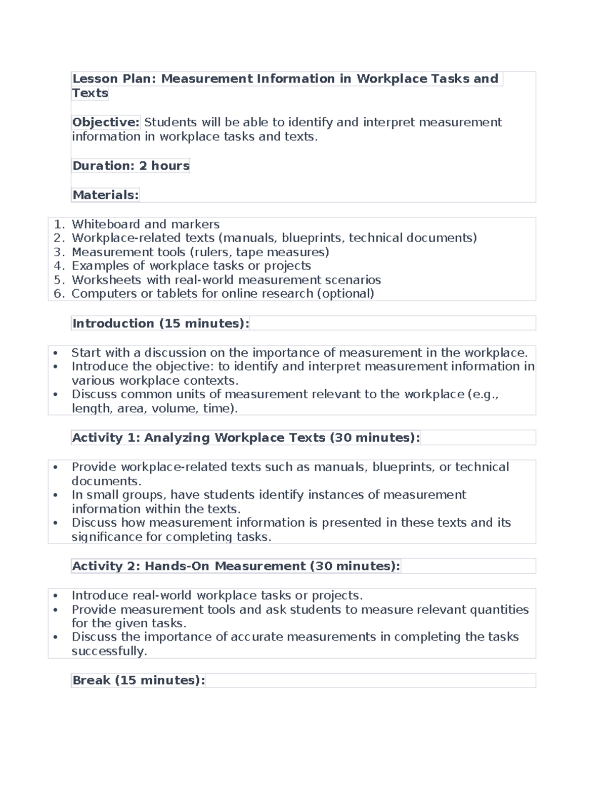 Lesson Plan Measurement Information in workplace - Duration: 2 hours ...