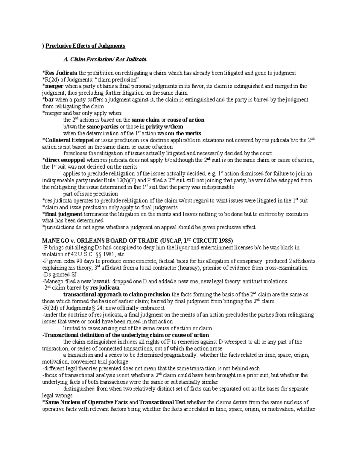Civil Procedure Law Outline 3 - ) Preclusive Effects of Judgments A ...