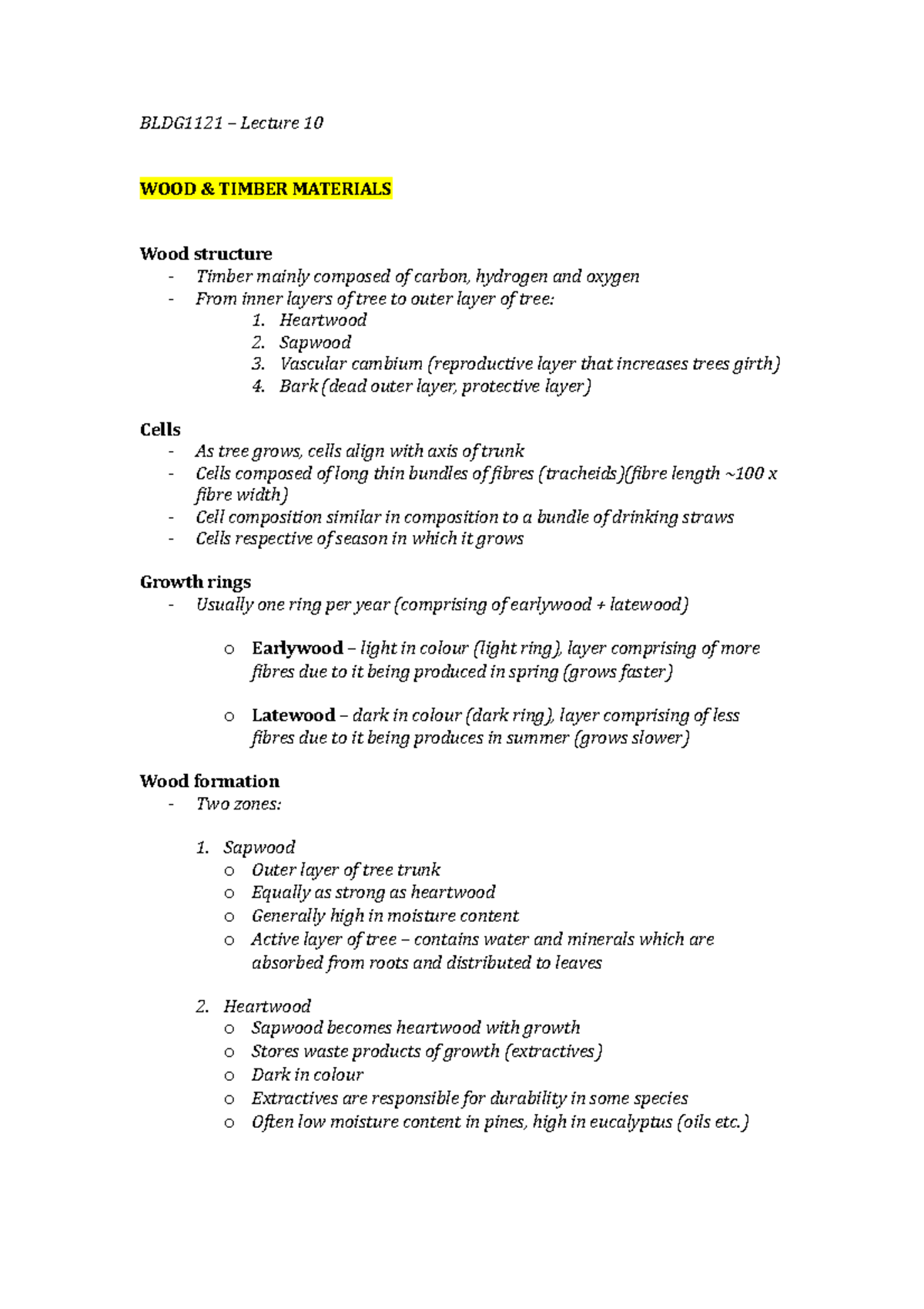 Summary - lecture All - wood and timber materials - BLDG1121 – Lecture ...