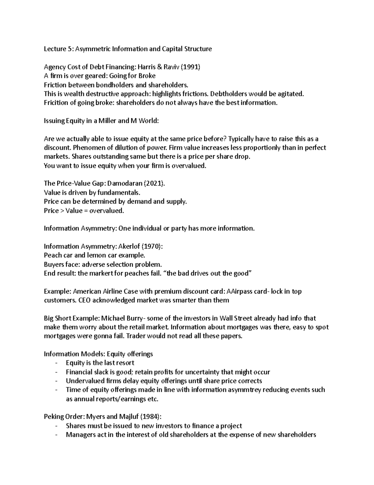 Lecture 5 Asymmetric Information And Capital Structure Lecture 5