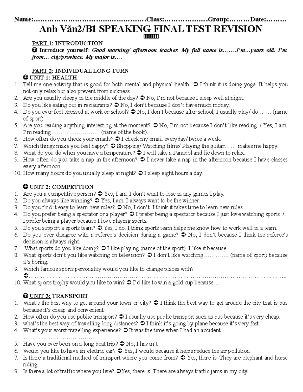 B1-AV2 Speaking Review Print - Sao chép - - Studocu