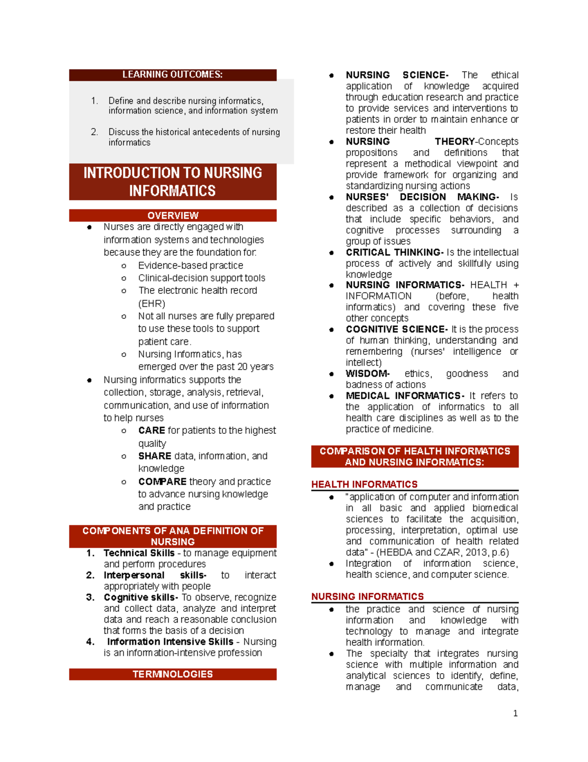 NCM 110 Prelims Reviewer - LEARNING OUTCOMES: 1. Define and describe ...