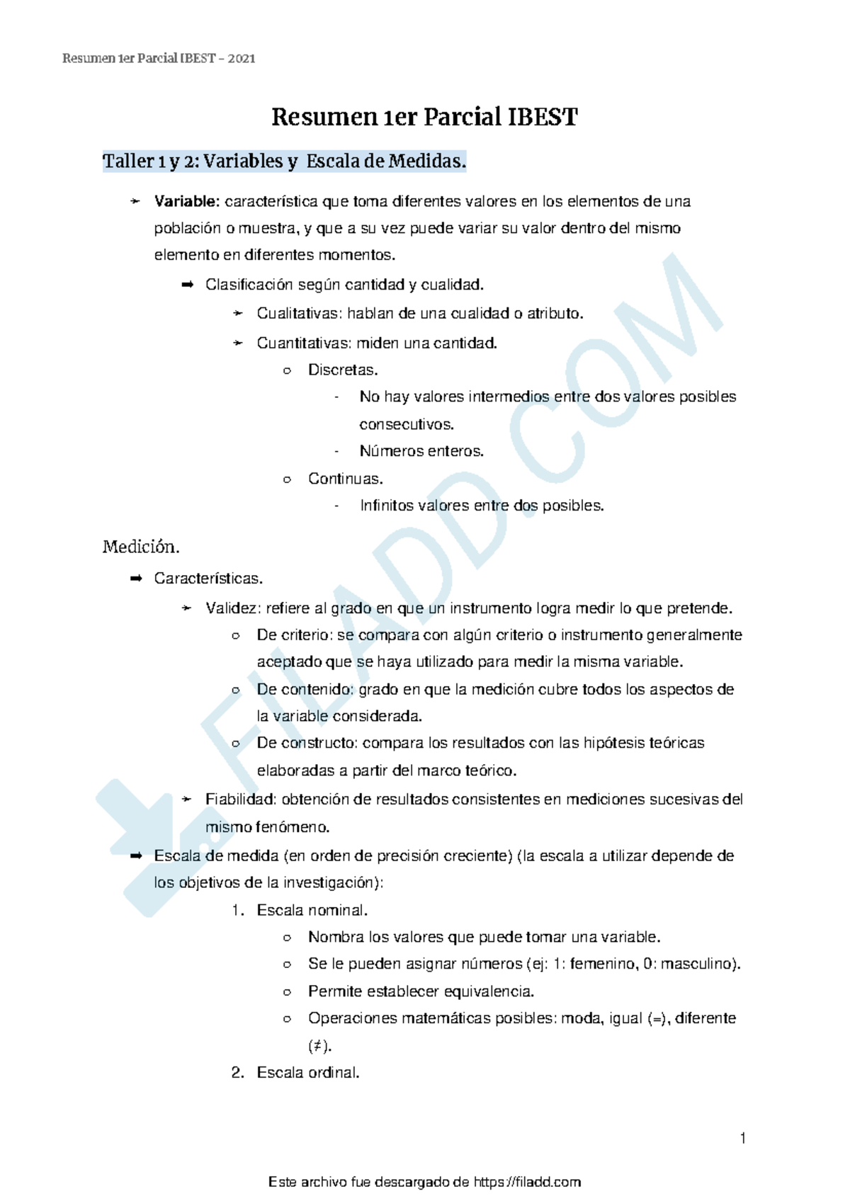 Resumen 1er Parcial IBEST 2 - 1 Resumen 1er Parcial IBEST Taller 1 y 2: Variables y Escala de ...