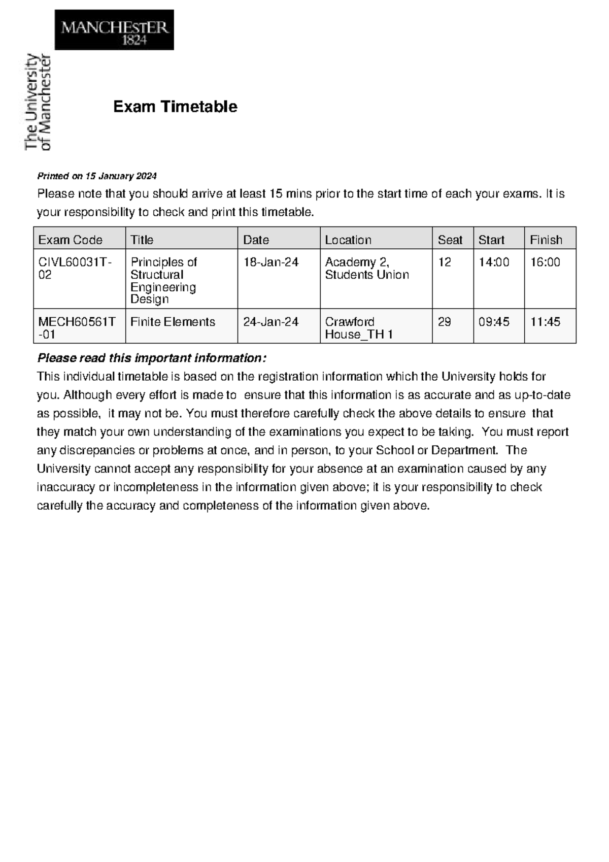 Exam Timetable - 111 - Printed on 15 January 2024 Please note that you ...
