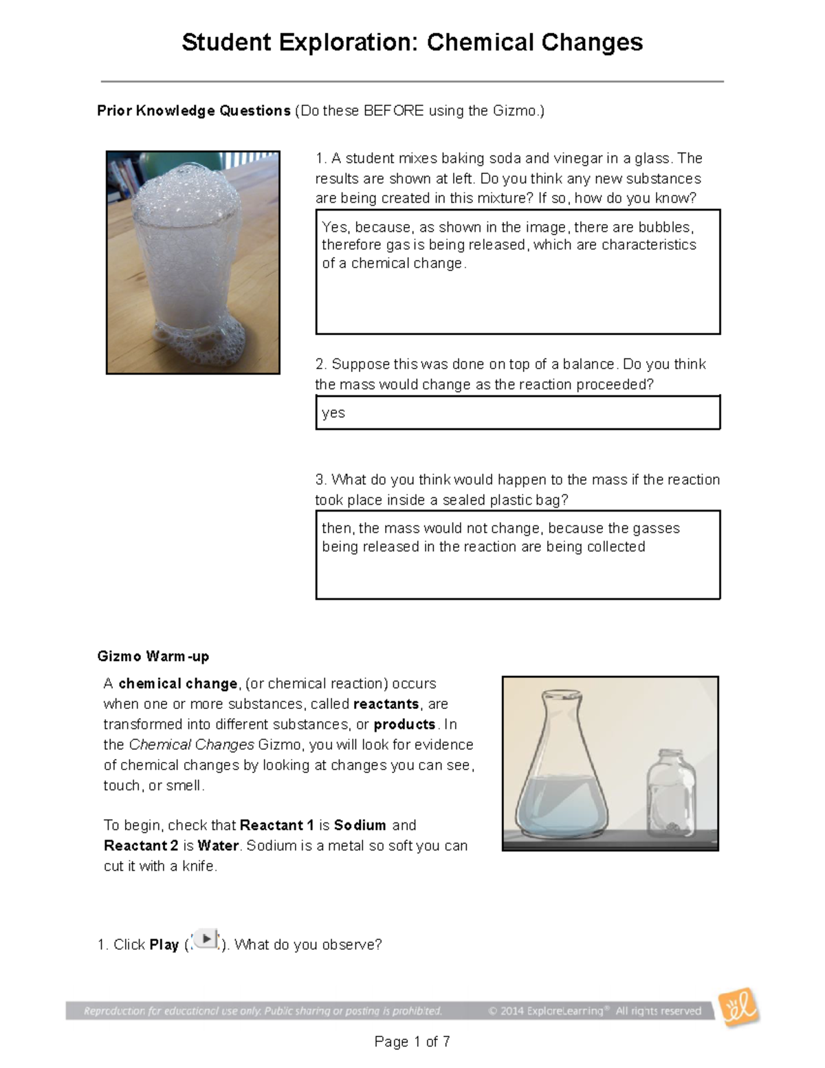 Copy of Student Exploration Chemical Changes - Prior Knowledge ...