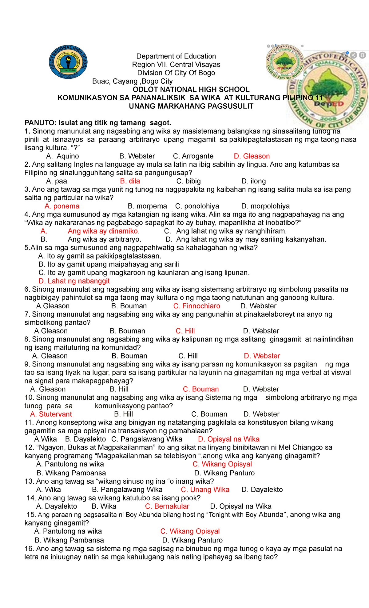 1st quarter exam in Komunikasyon 2023-2024 - Department of Education ...