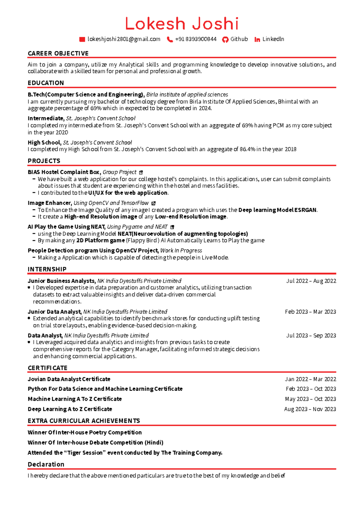 Lokesh Joshi CV - CAREER OBJECTIVE Aim to join a company, utilize my ...