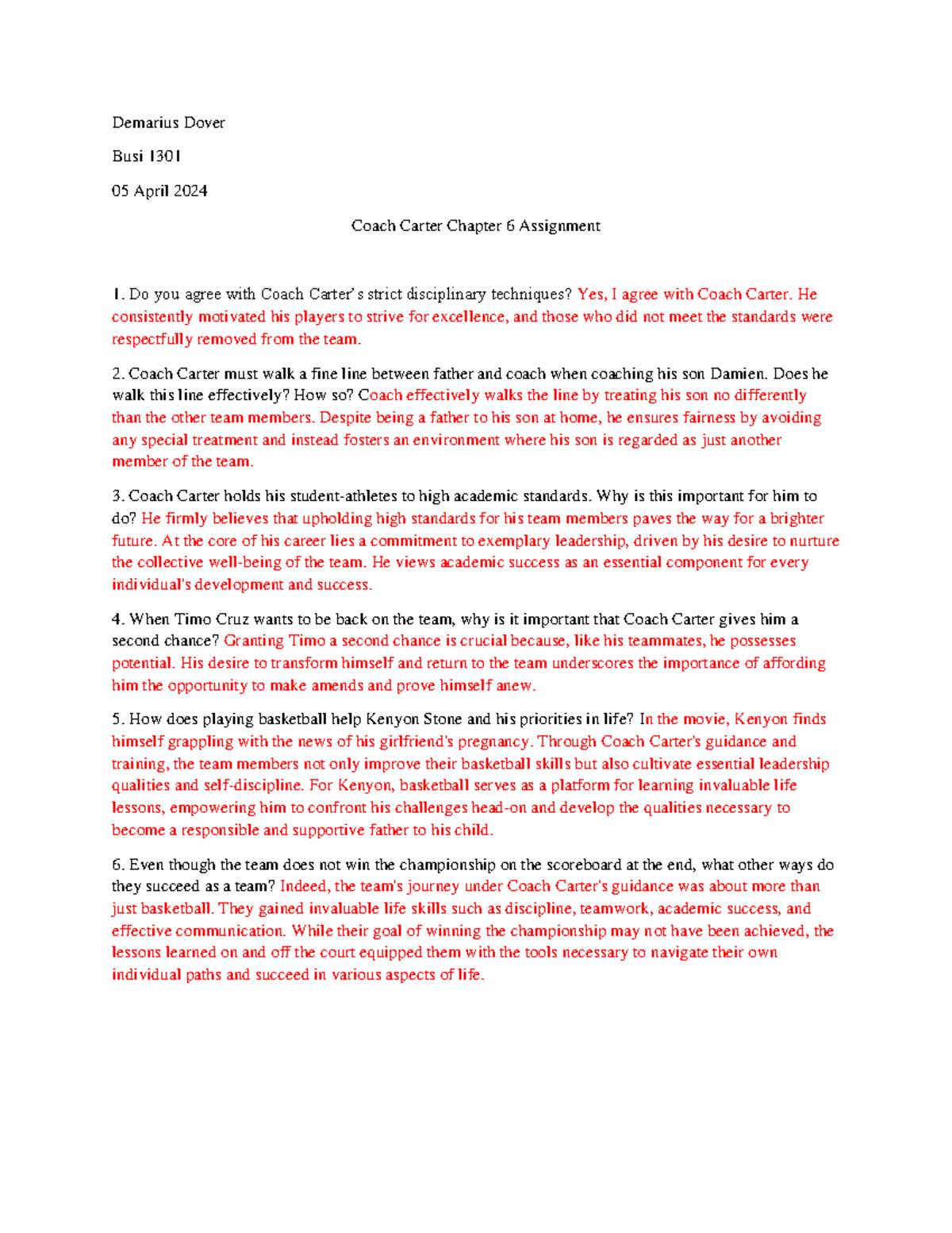 Chapter 6 Activity - Demarius Dover Busi 1301 05 April 2024 Coach ...