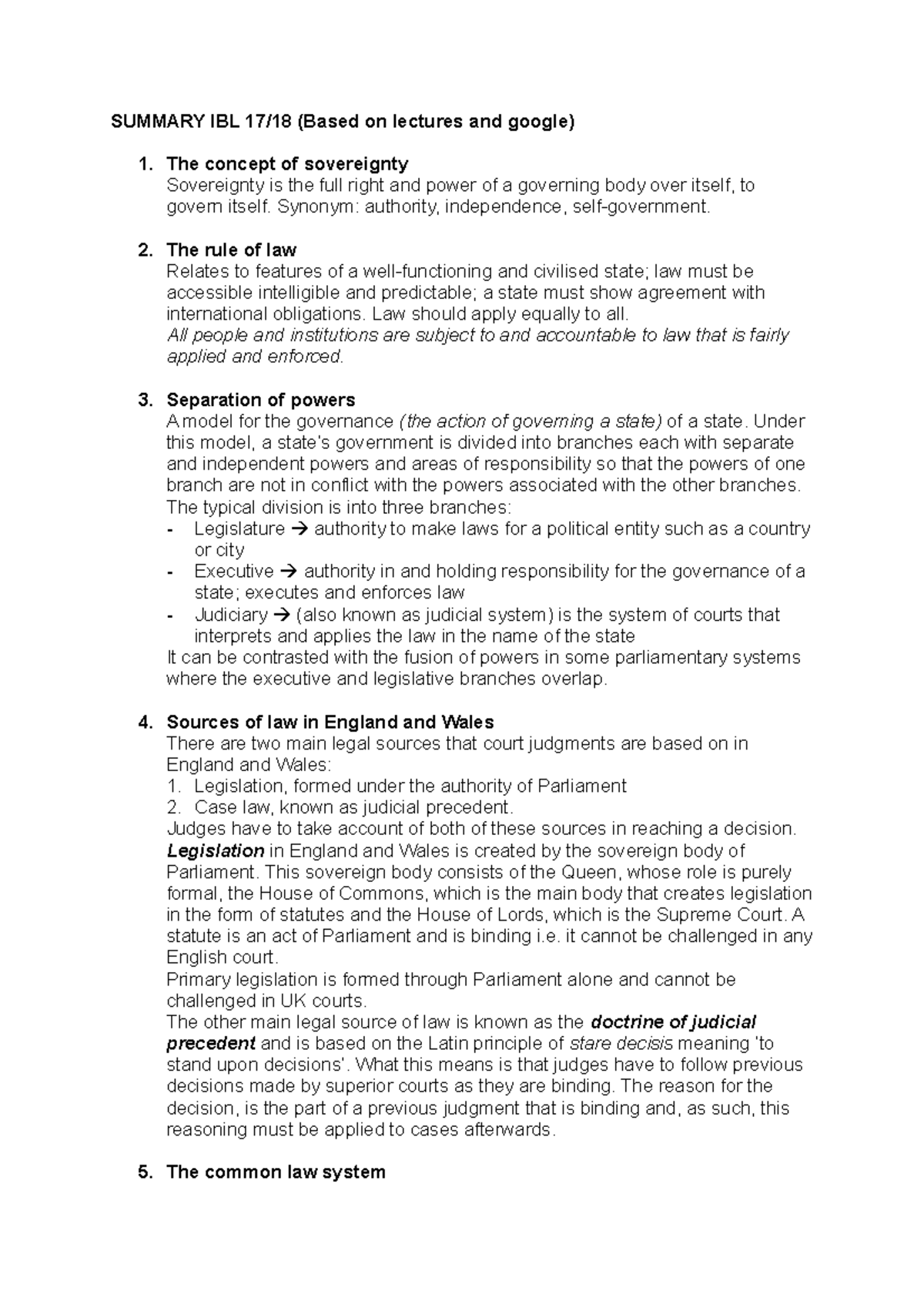 Important topics law + explanation - SUMMARY IBL 17/18 (Based on ...