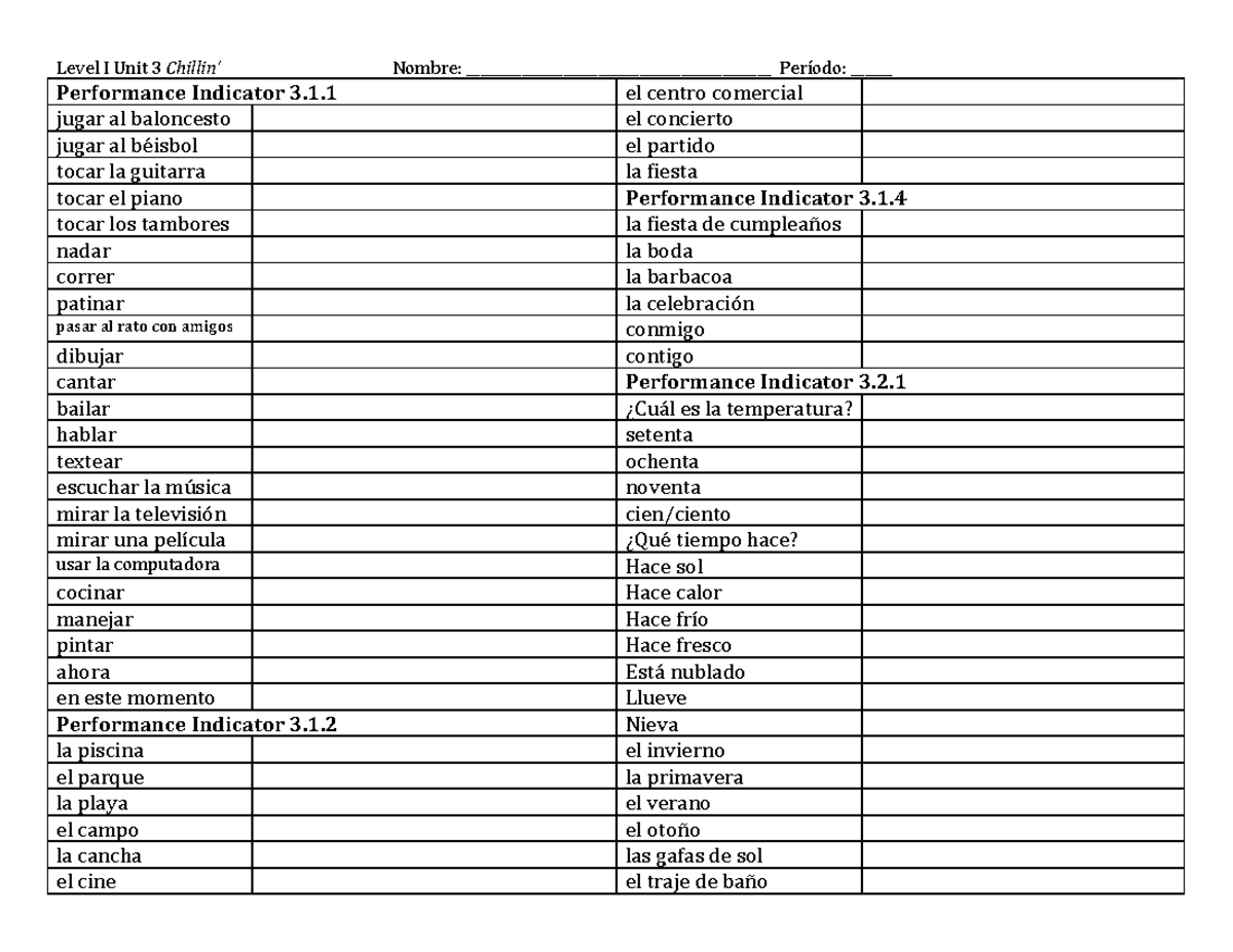 Vocabulary Spanish 1 Unit 3 (2) - Level I Unit 3 Chillin’ Nombre: - Studocu