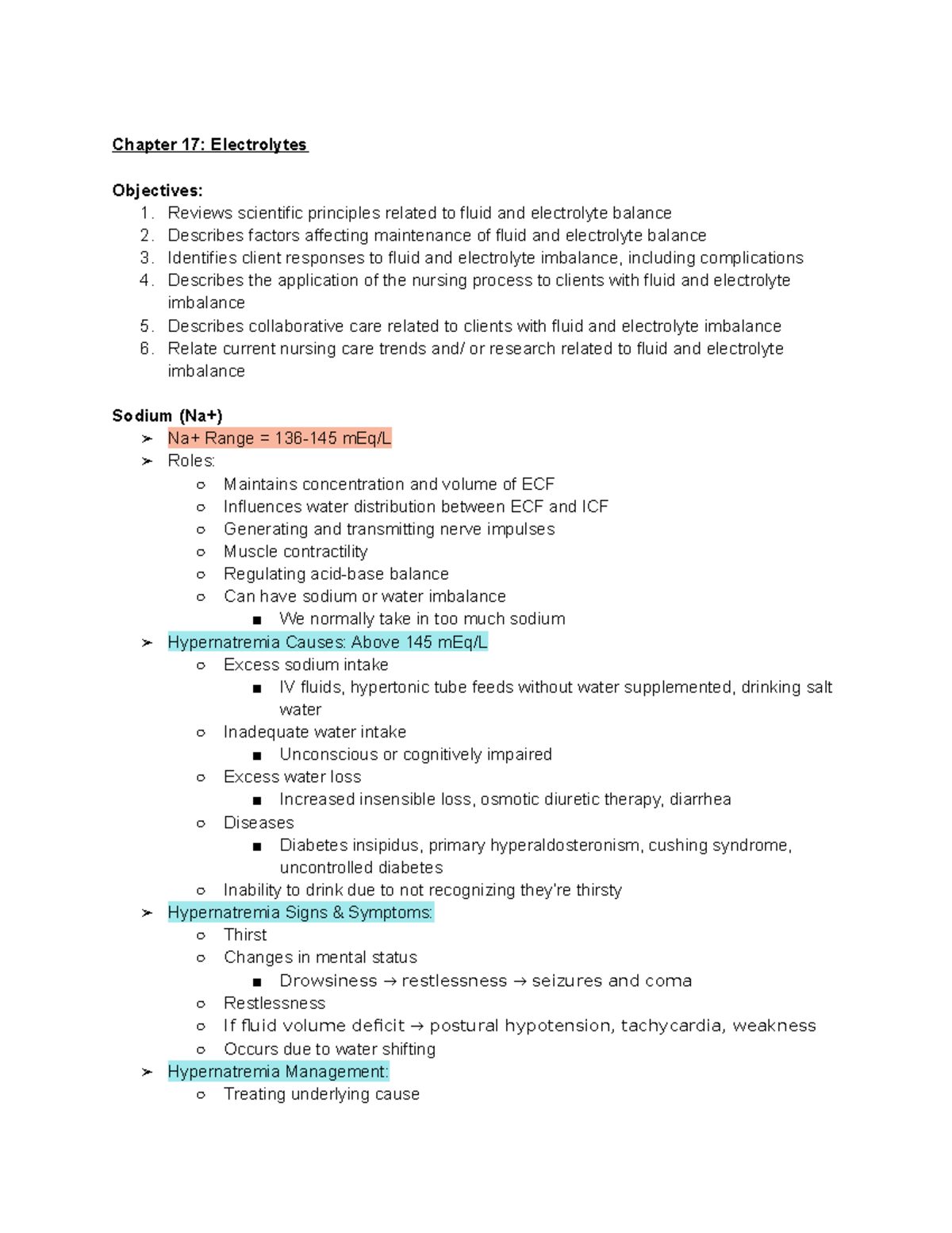 NUR 206 Electrolytes - Bridgewater - Chapter 17: Electrolytes ...