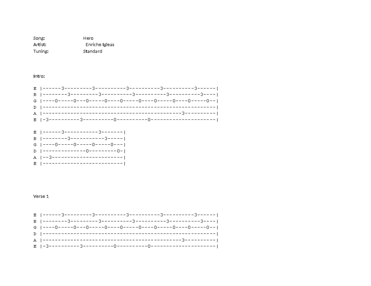 Hero by Enriche Igleas - Guitar Tabs - Song: Hero Artist: Enriche ...