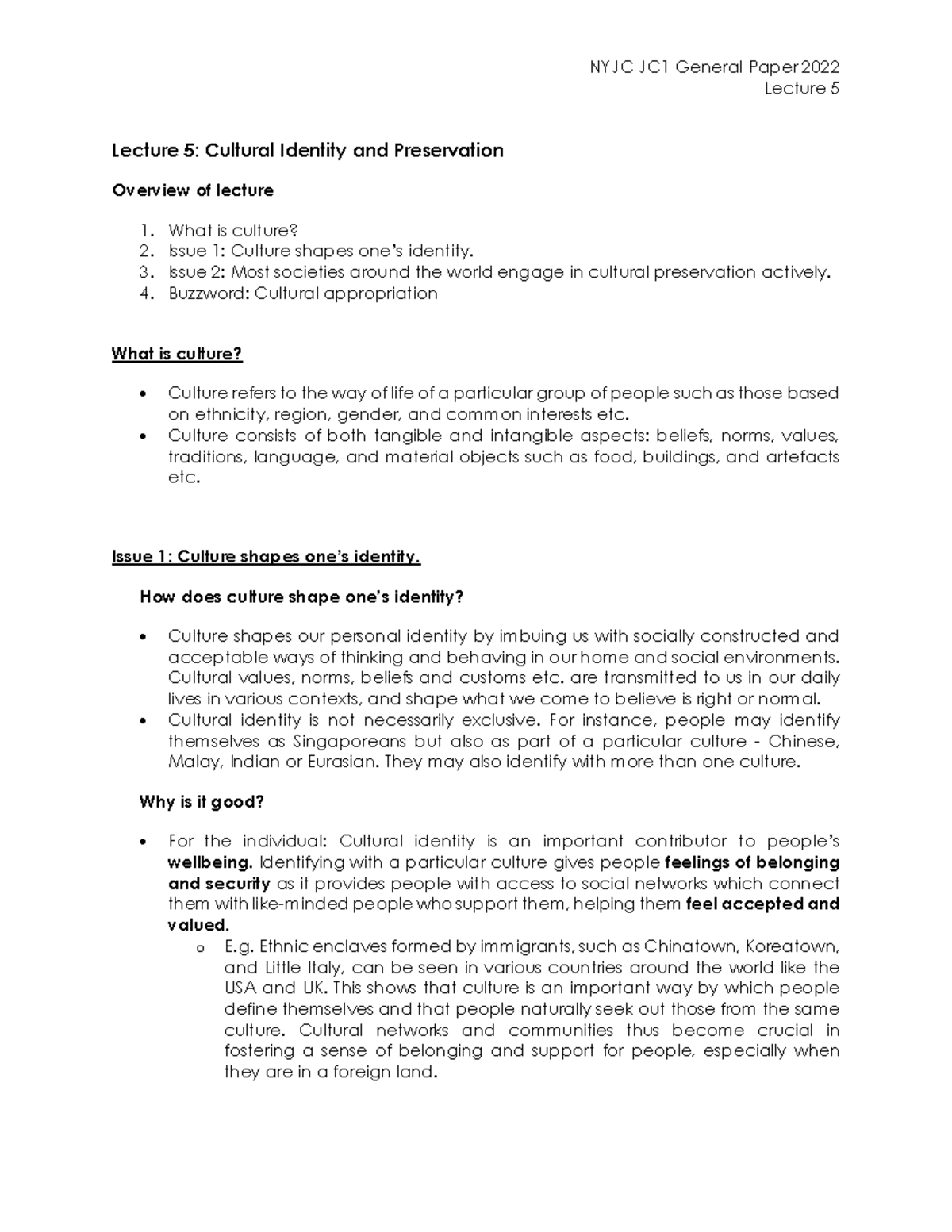 Lecture 5 Culture Part 1 Students' Notes - Lecture 5 Lecture 5 ...