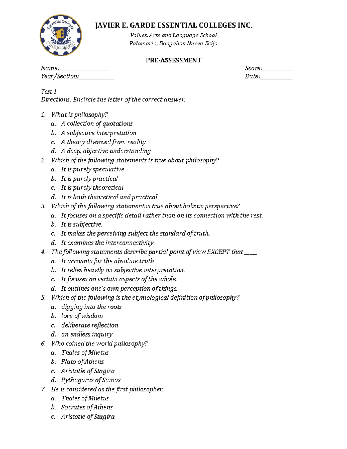 PRE- Assessment - module - JAVIER E. GARDE ESSENTIAL COLLEGES INC ...
