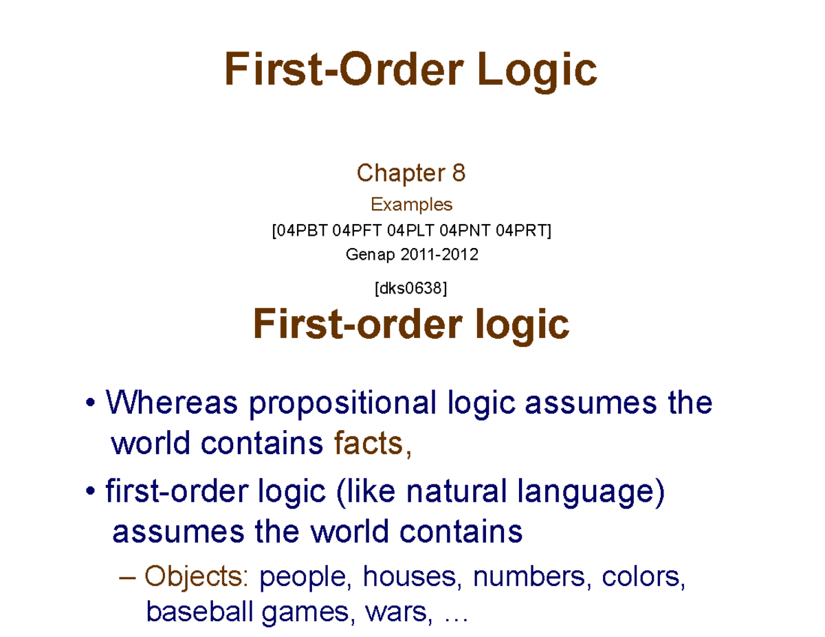 FOL examples - LEcture notes on First order logic - First-Order Logic ...