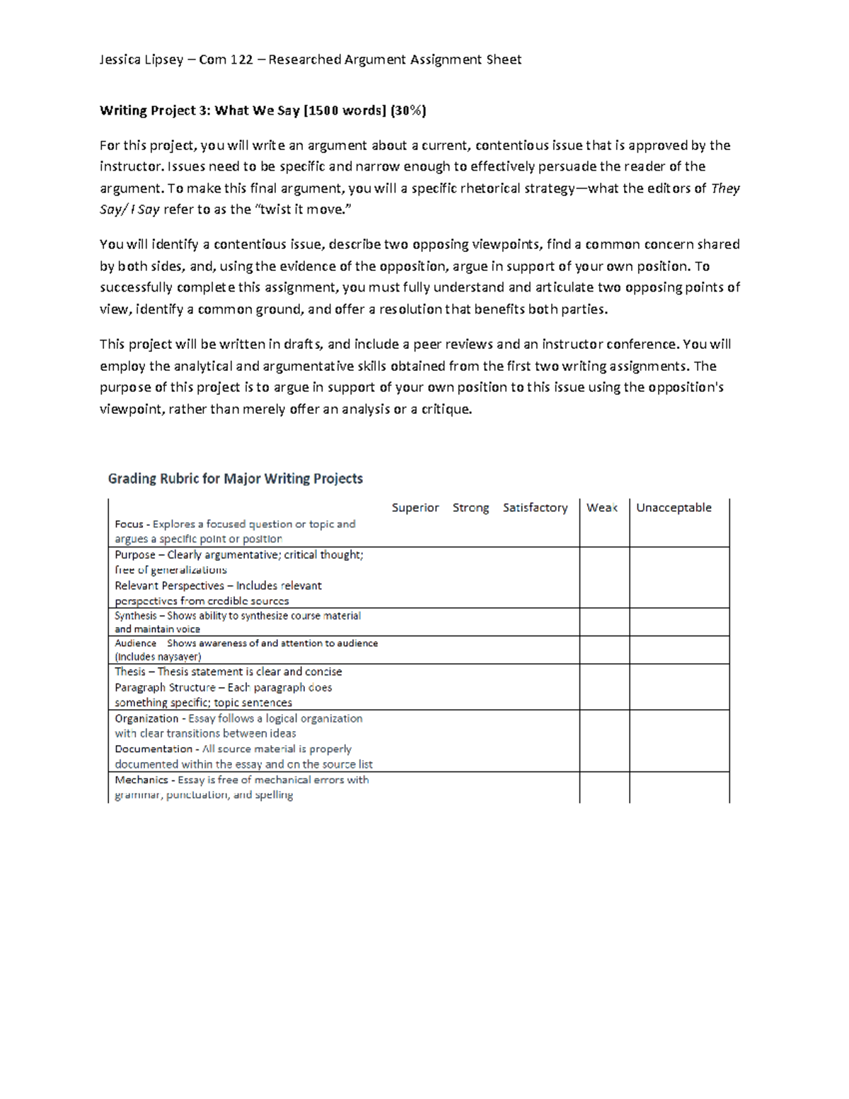 Writing Project 3 Researched Argument-1 - Jessica Lipsey – Com 122 ...