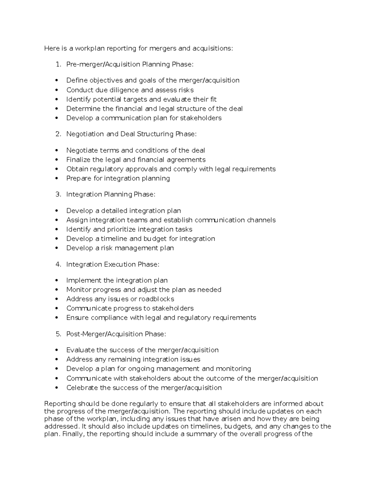 Here is a workplan reporting for mergers and acquisitions - Pre-merger ...