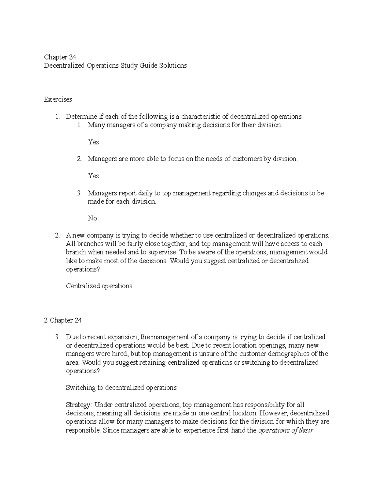 Chapter 24 study guide - Chapter 24 Decentralized Operations Study ...