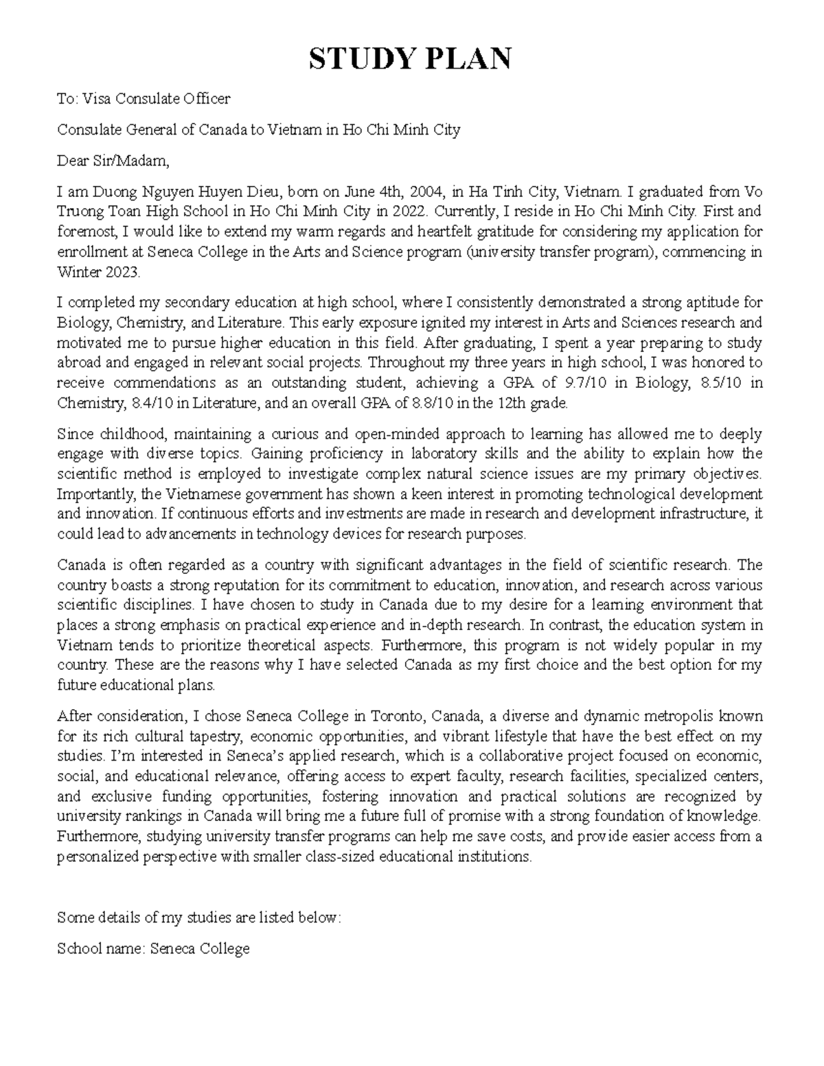 Study PLAN ( Duong Nguyen Huyen DIEU) - STUDY PLAN To: Visa Consulate ...