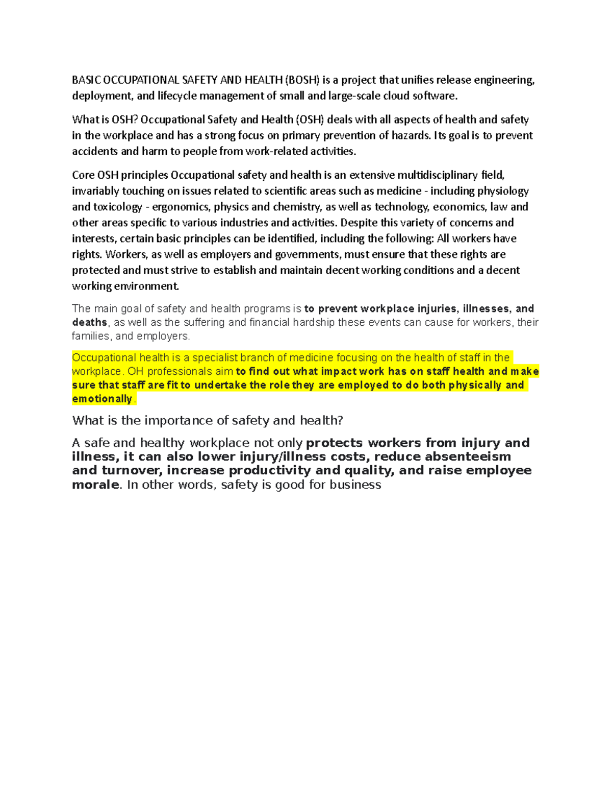 BOSH - Notes - BASIC OCCUPATIONAL SAFETY AND HEALTH (BOSH) is a project ...