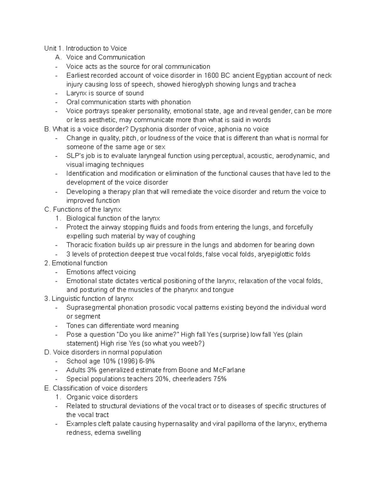 115 - Lecture notes all - Unit 1. Introduction to Voice A. Voice and ...