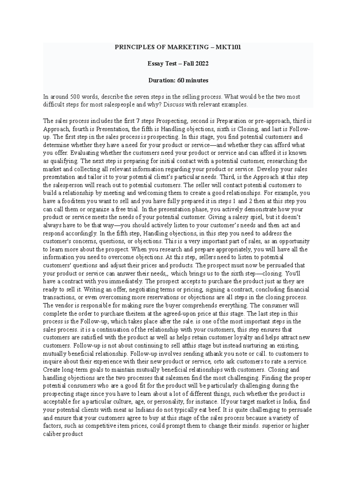 Essay test enm301 - PRINCIPLES OF MARKETING – MKT Essay Test – Fall ...