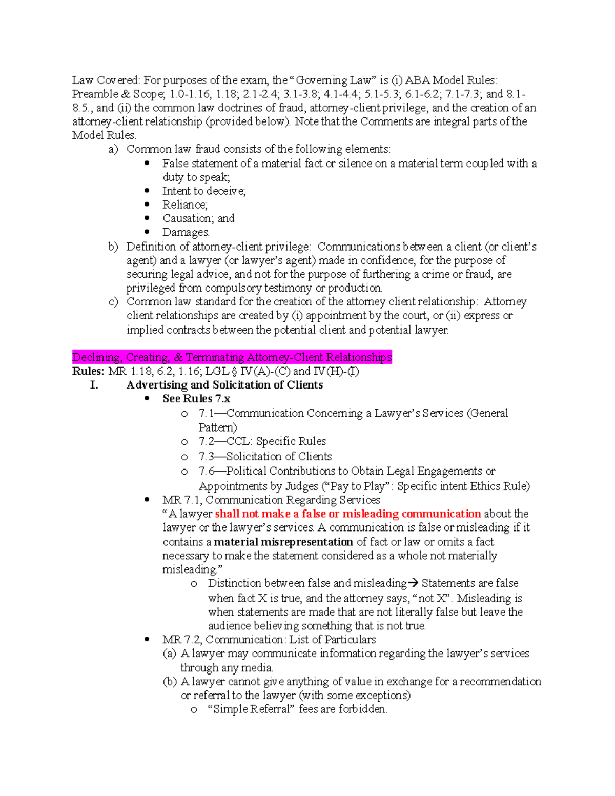 PR Outline - Law Covered: For purposes of the exam, the “Governing Law ...