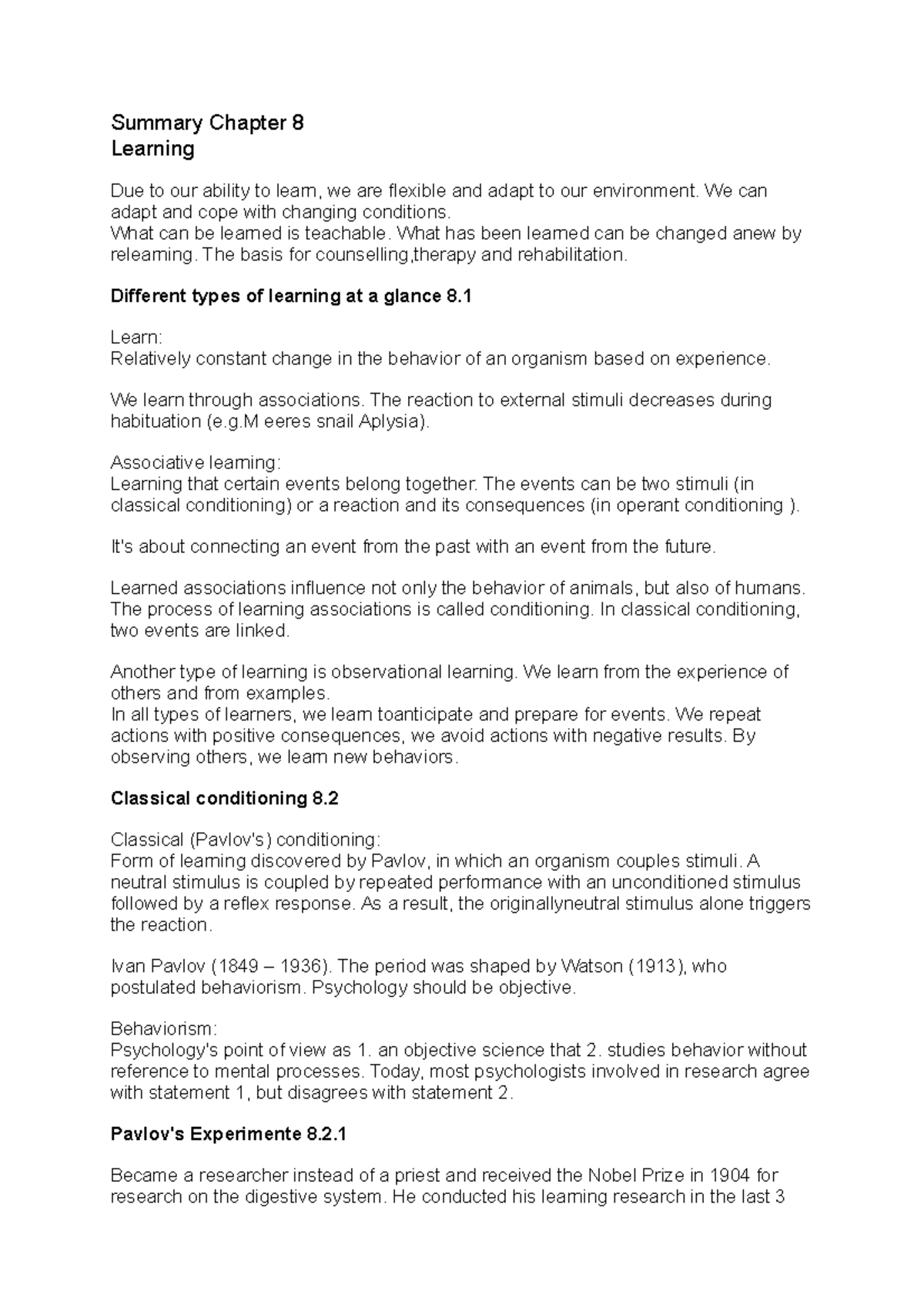 Summary Chapter 8 - Learning (part 1) - Summary Chapter 8 Learning Due to our ability to learn ...