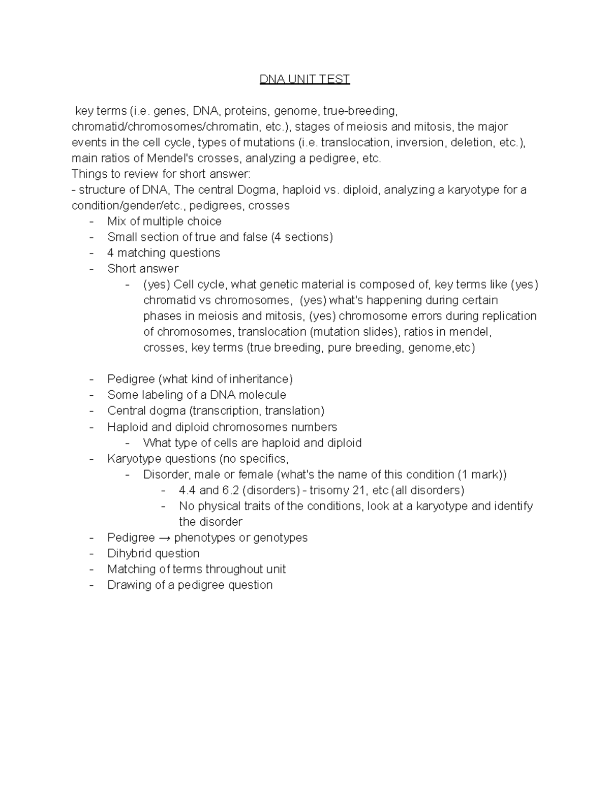 DNA UNIT TEST - DNA TEST - DNA UNIT TEST key terms (i. genes, DNA ...
