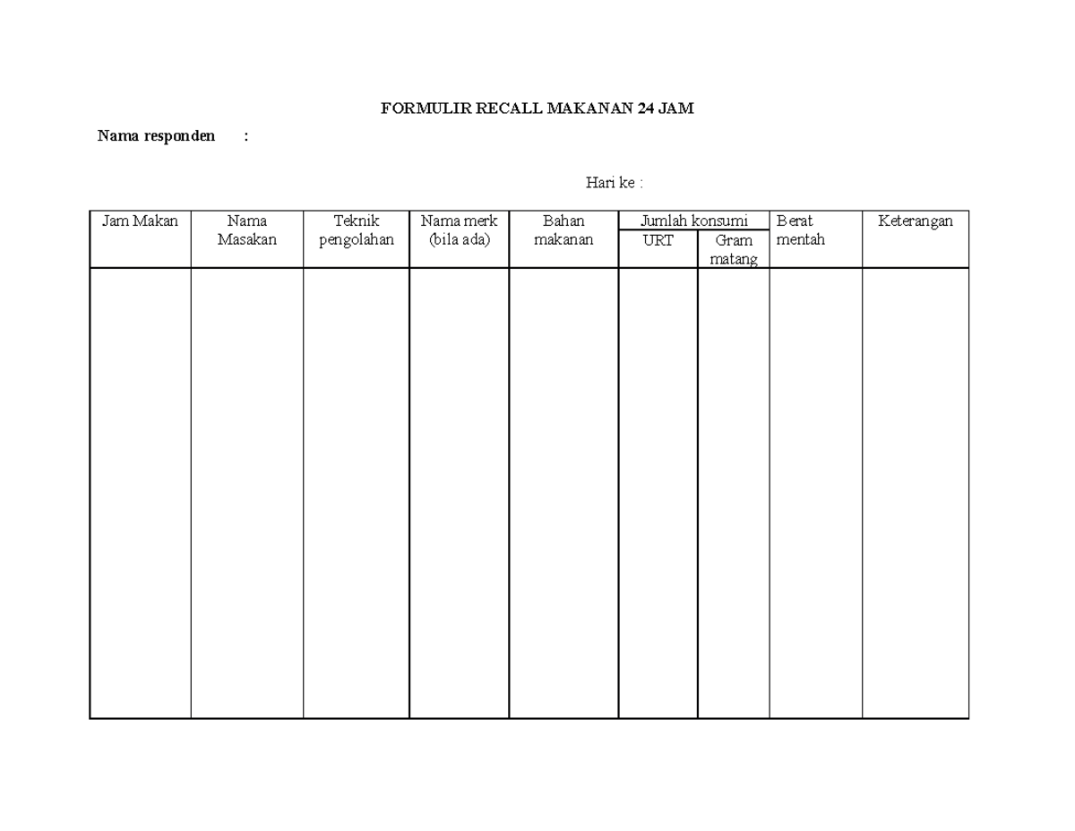 Contoh formurlir konsumsi makanan - FORMULIR RECALL MAKANAN 24 JAM Nama ...
