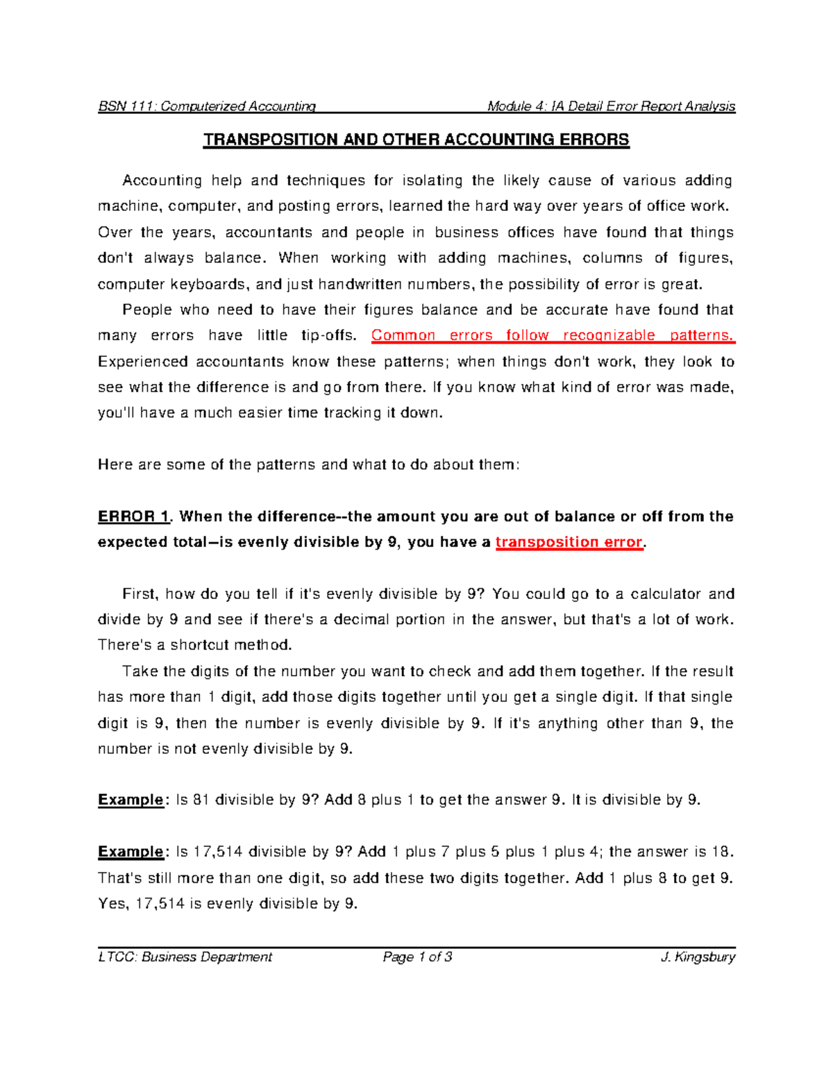 DER Accounting Errors - Detail Error Report Info - BSN 111 ...