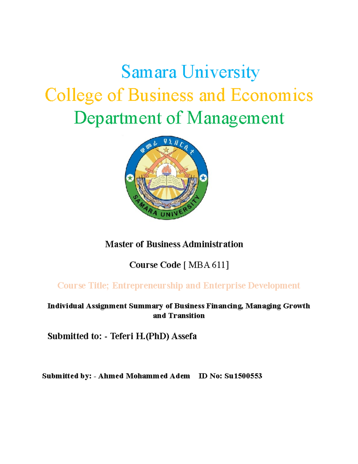 EED Individual Assignment Word - Samara University College of Business and Economics Department ...