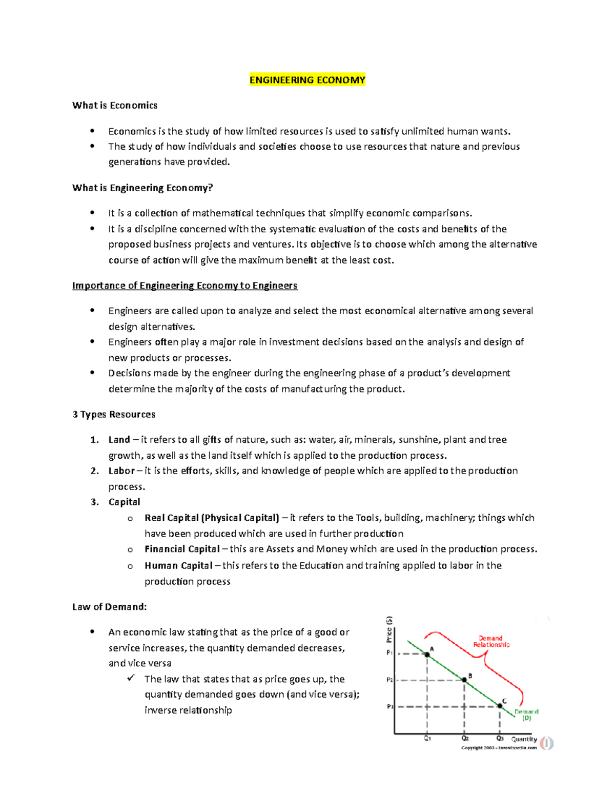 Engineering Economy Notes - ENGINEERING ECONOMY What is Economics ...