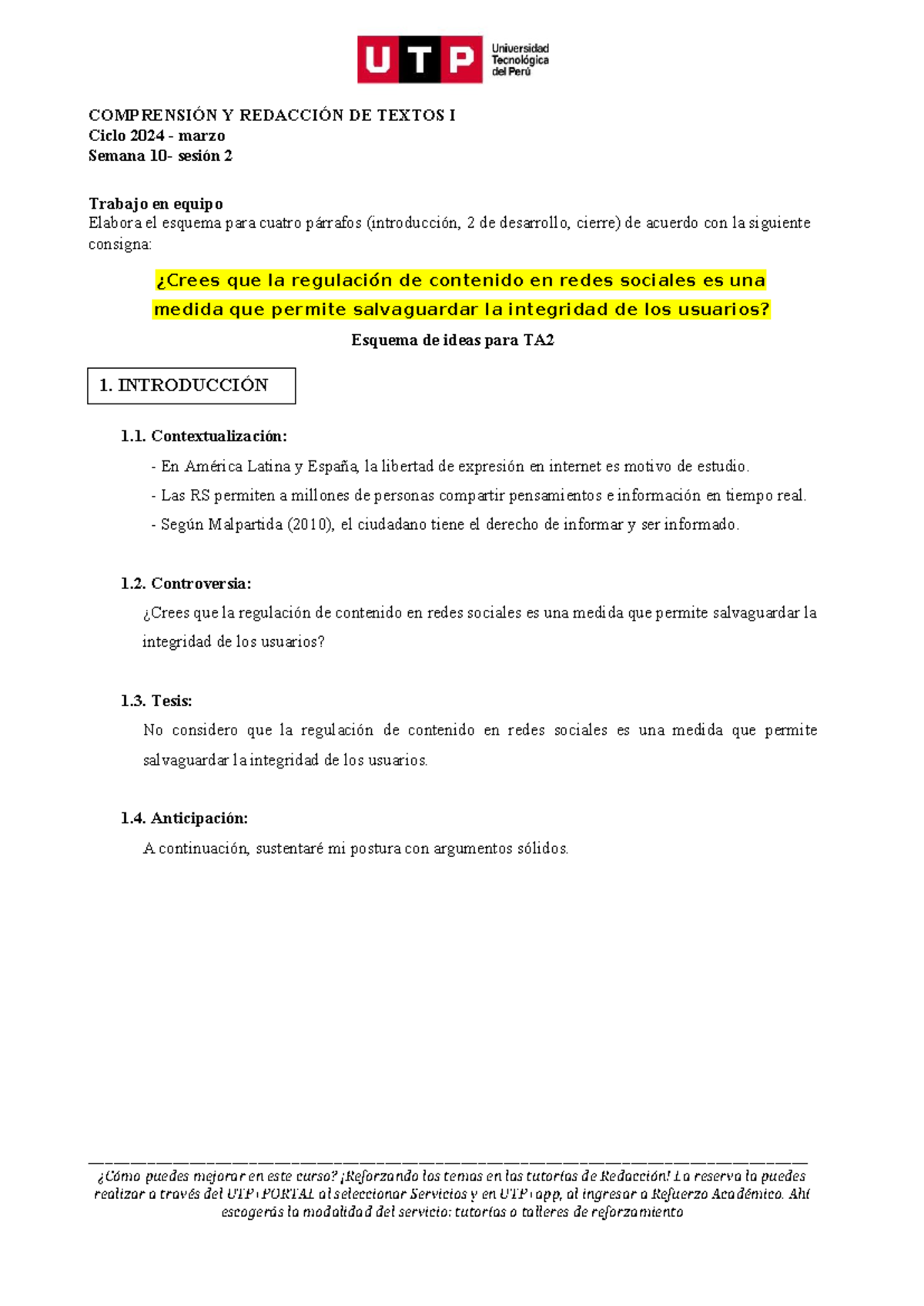 Esquemas - TA2 - Redaccion - UTP - COMPRENSIÓN Y REDACCIÓN DE TEXTOS I Ciclo 2024 - marzo Semana ...