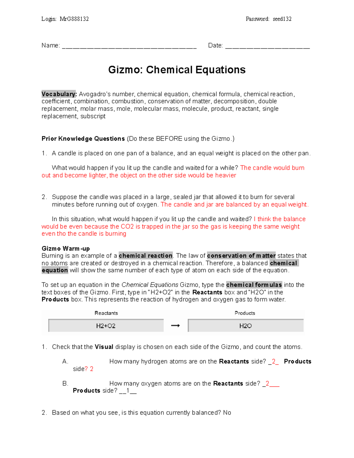 Chemical Equations, Mole Calculations Gizmo - Login: MrG888132 Password ...