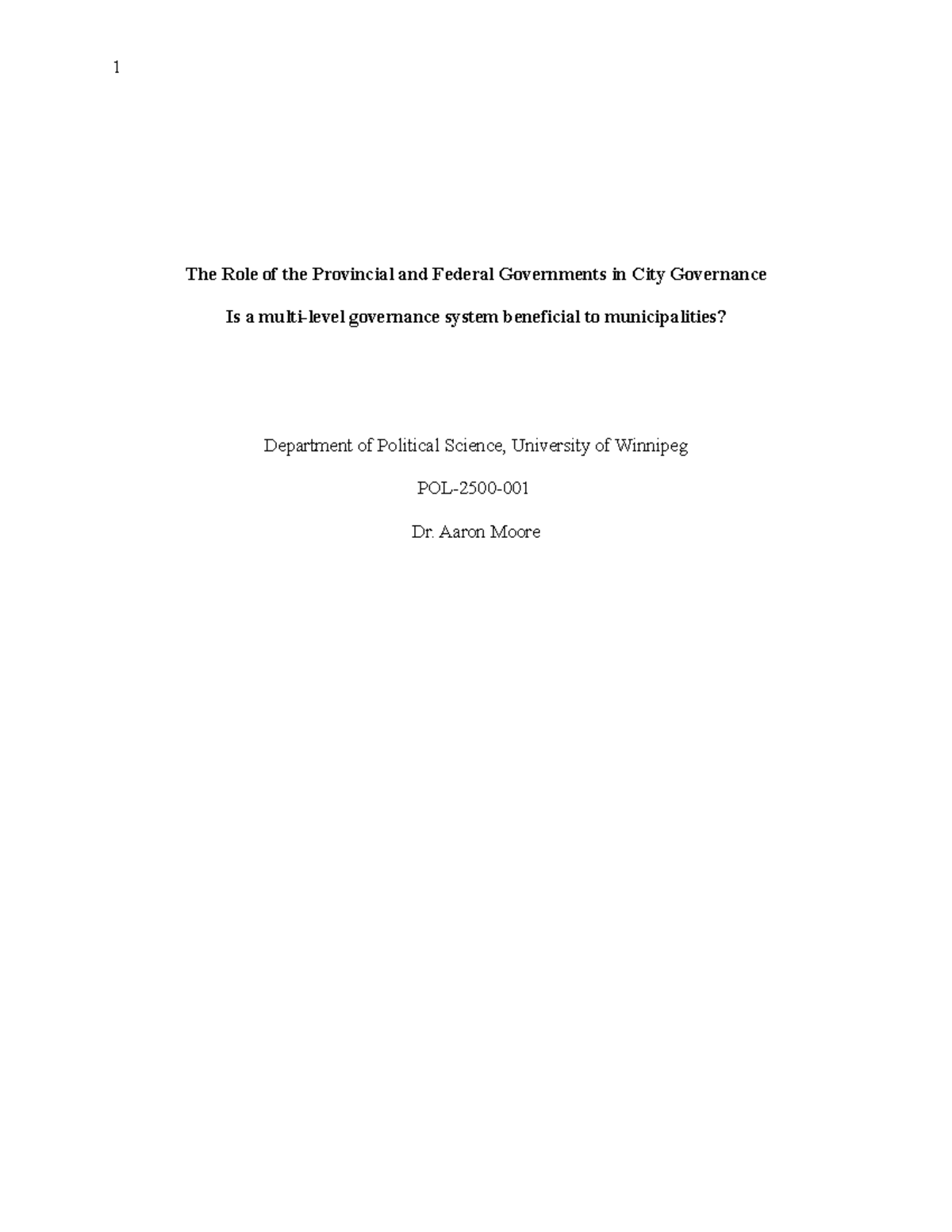 Major Essay on Urbanization - The Role of the Provincial and Federal ...