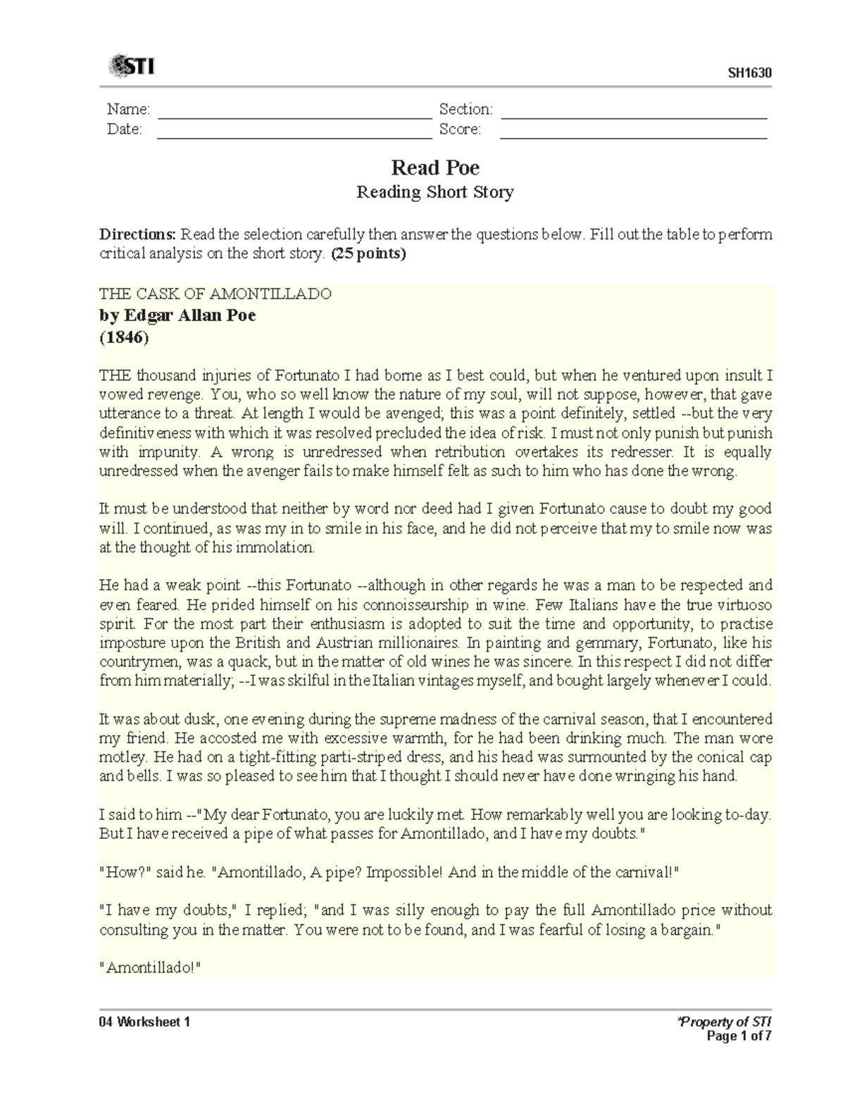 SH1630 - Creative Writing 04 Worksheet 1 - 04 Worksheet 1 *Property of ...