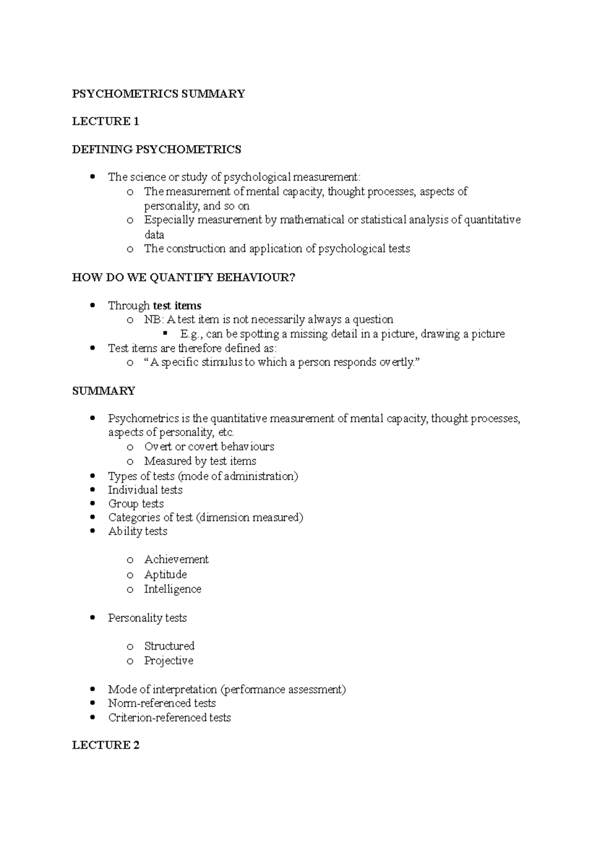 Psychometrics Summary - PSYCHOMETRICS SUMMARY LECTURE 1 DEFINING ...