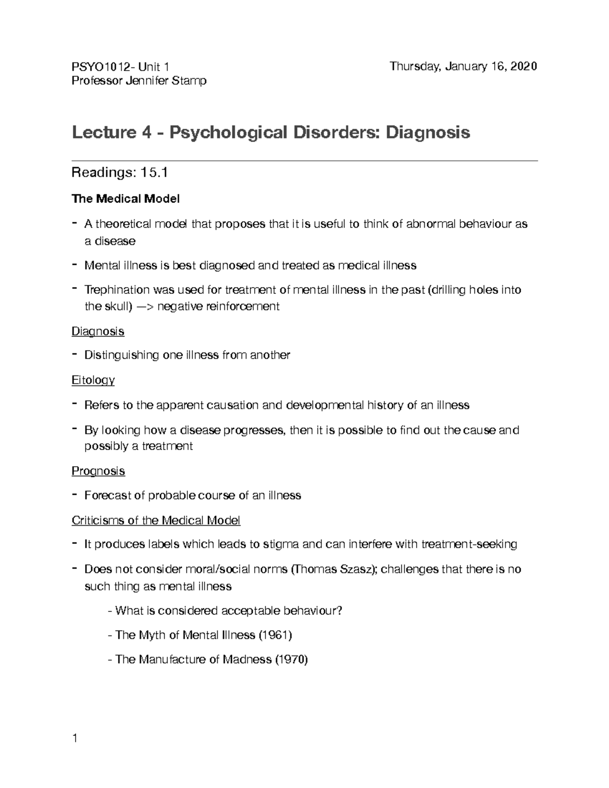 Lecture 4 - Psychological Disorders - Diagnosis - Professor Jennifer ...