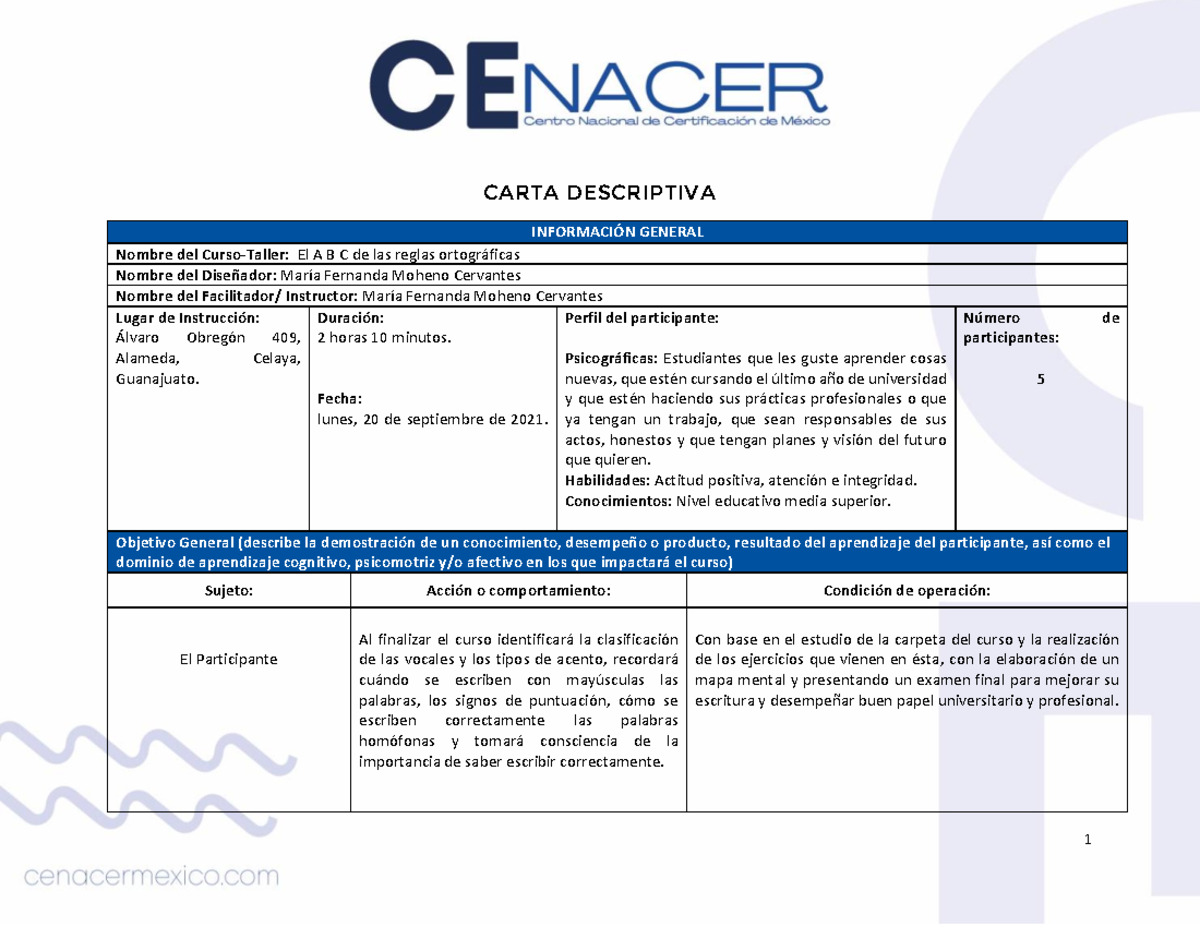 Ejemplo Carta Descriptiva - CARTA DESCRIPTIVA INFORMACIÓN GENERAL ...