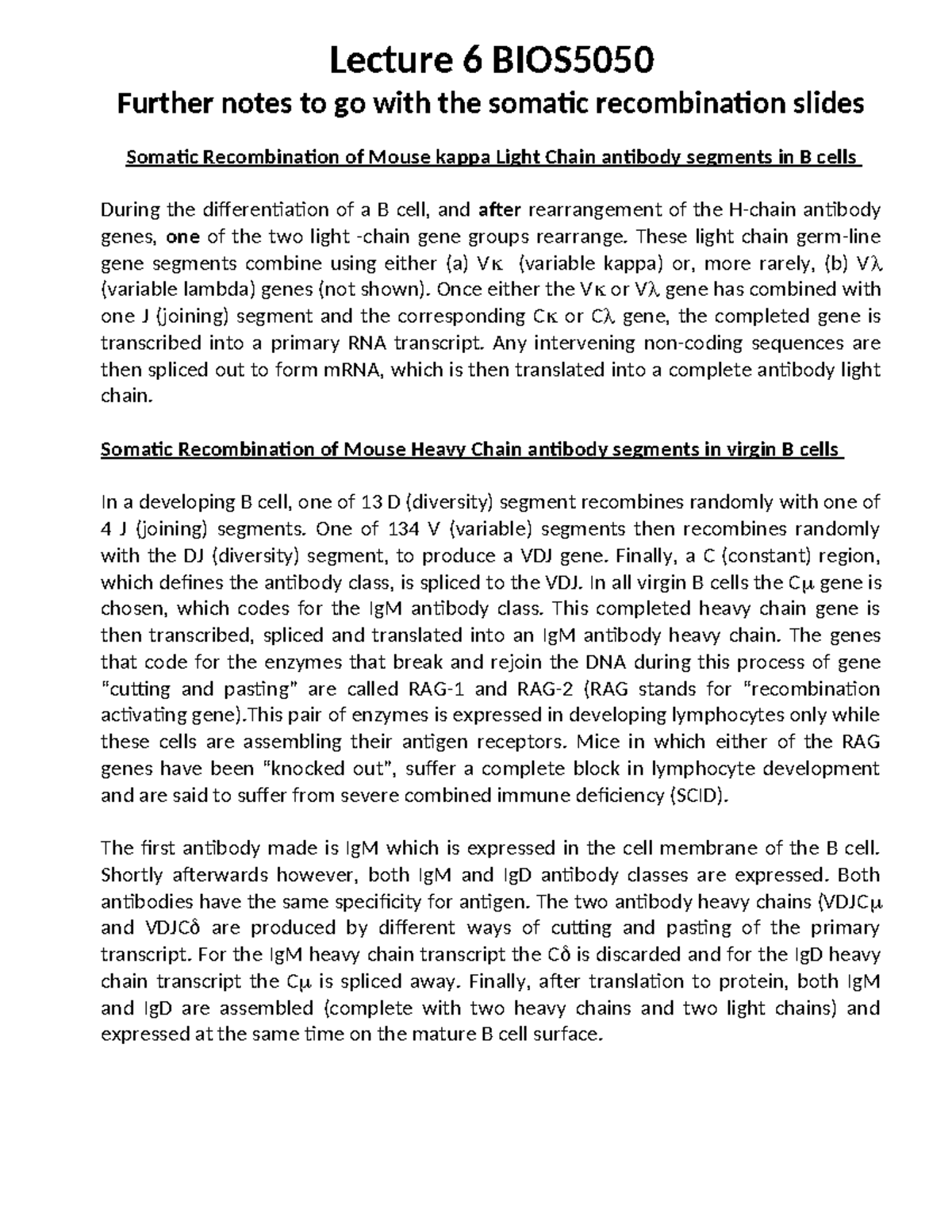 Light and heavy chain rearrangements Lecture 6 notes for students 2023 ...