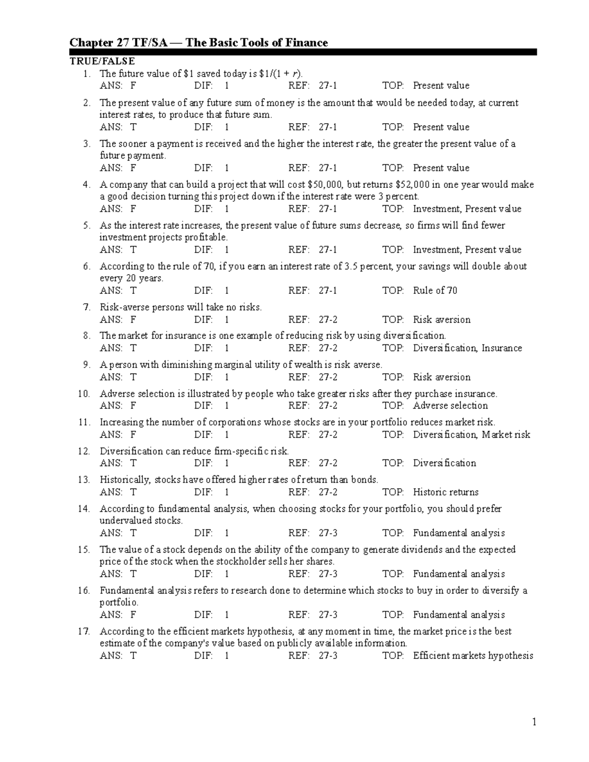 Chapter 27 TF - Chapter 27 TF/SA — The Basic Tools of Finance TRUE ...
